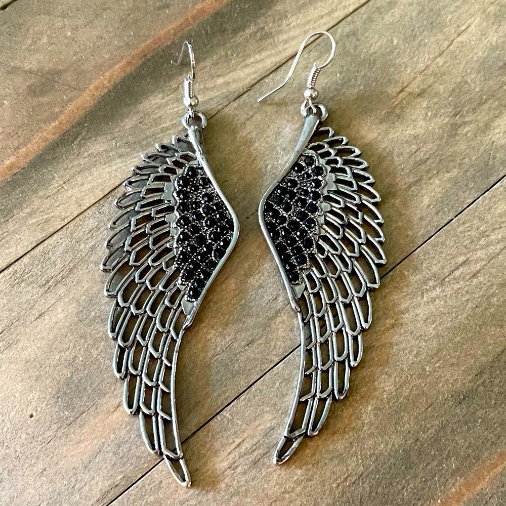 Silver Tone Angel Wings, Black Crystals Statement Art… - Gem